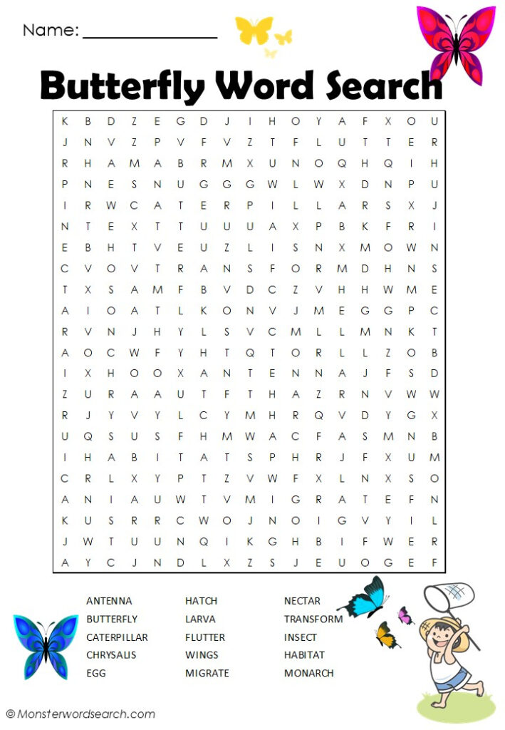 Butterfly Word Search Printable Worksheets | Peggy Worksheets
