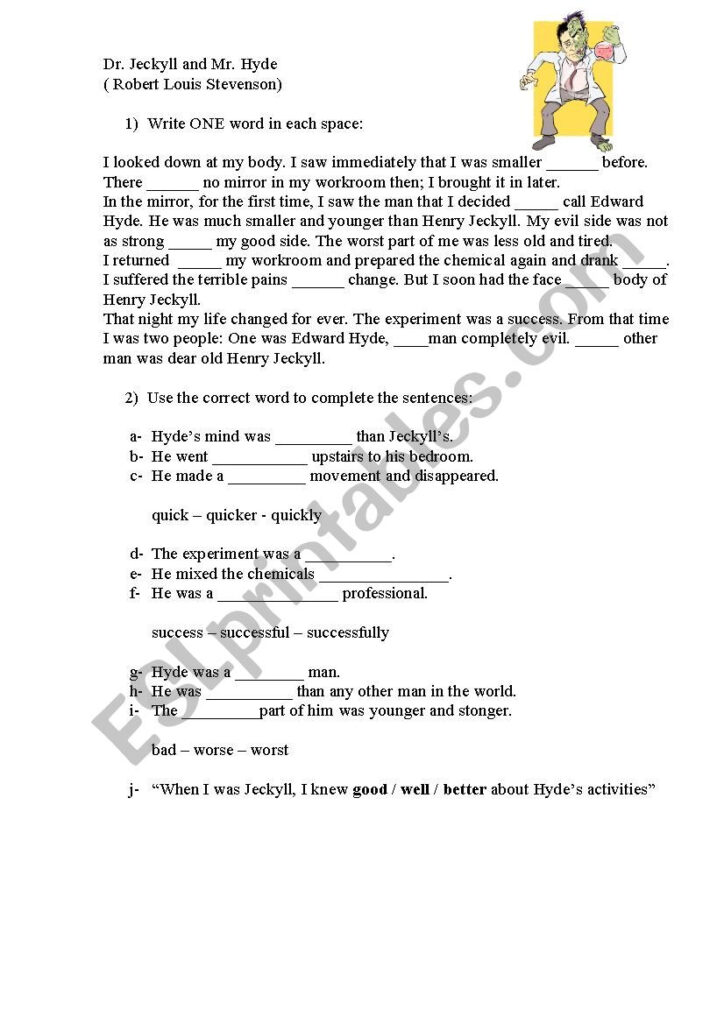 Dr Jekyll And Mr Hyde Printable Worksheets | Peggy Worksheets