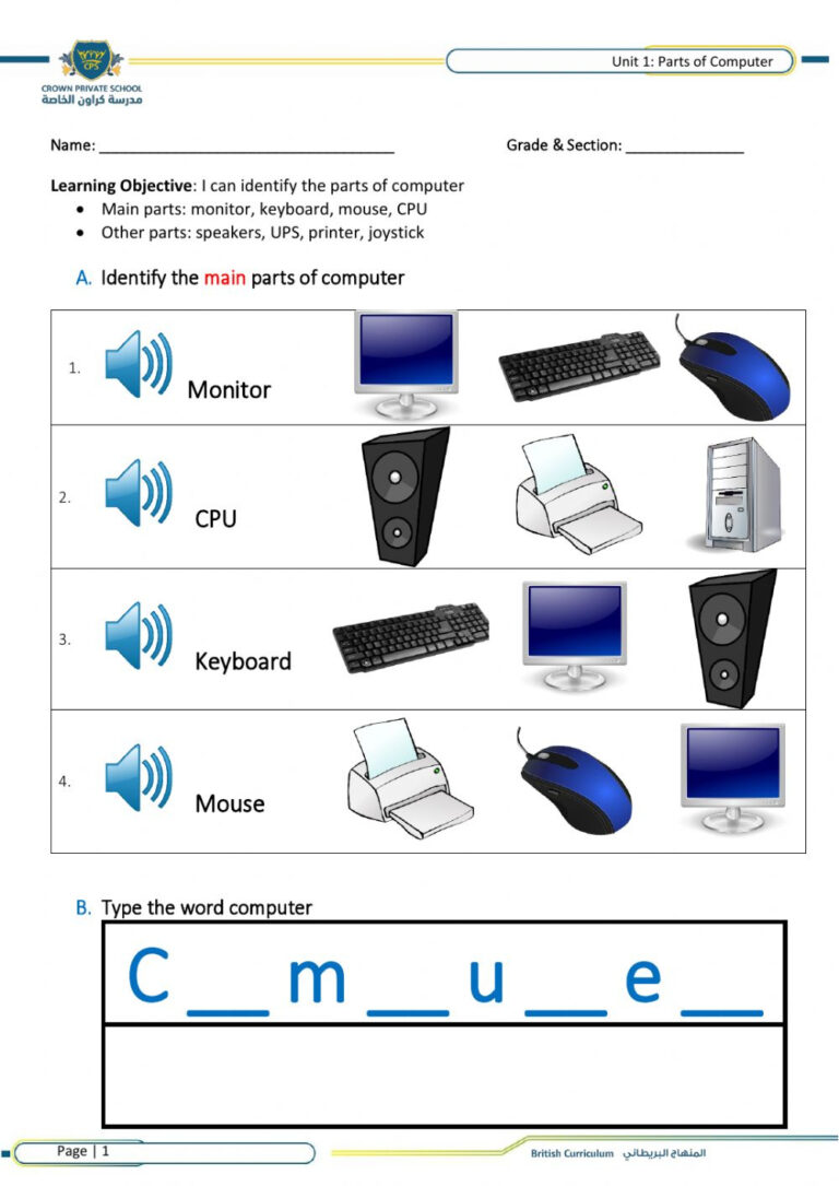 Parts Of A Computer Worksheet Printable | Peggy Worksheets
