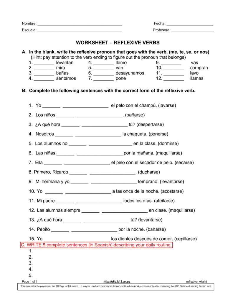 Reflexive Verbs In Spanish Printable Worksheets | Peggy Worksheets