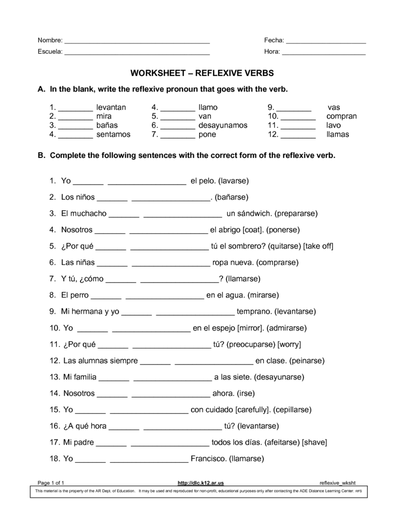 Reflexive Verbs In Spanish Printable Worksheets | Peggy Worksheets