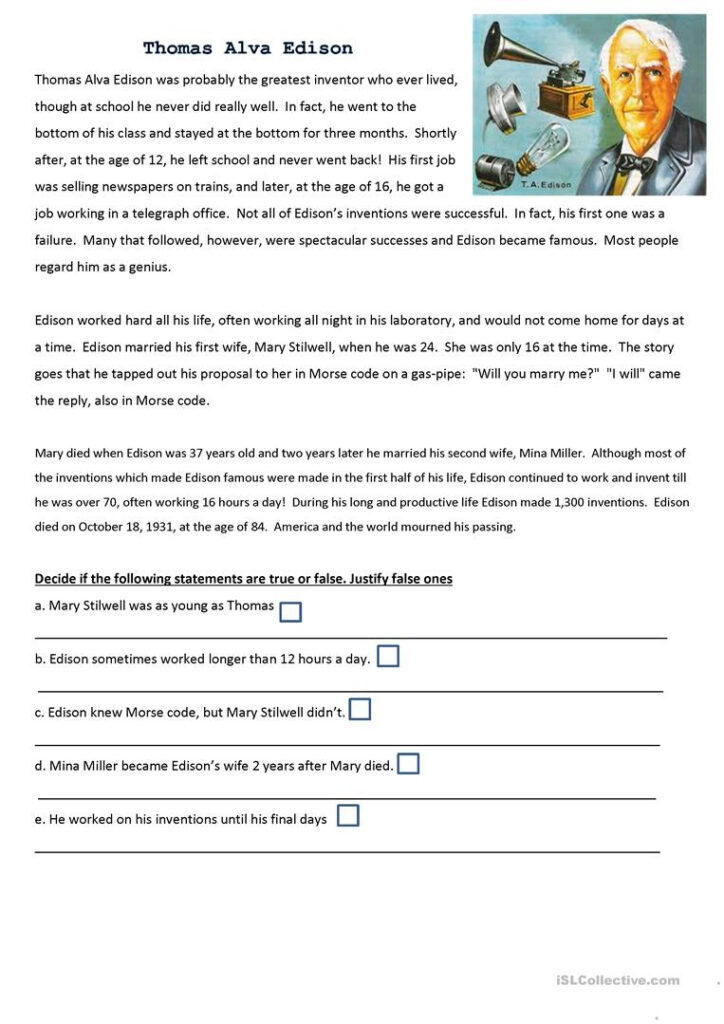 Thomas Edison Printable Worksheets | Peggy Worksheets