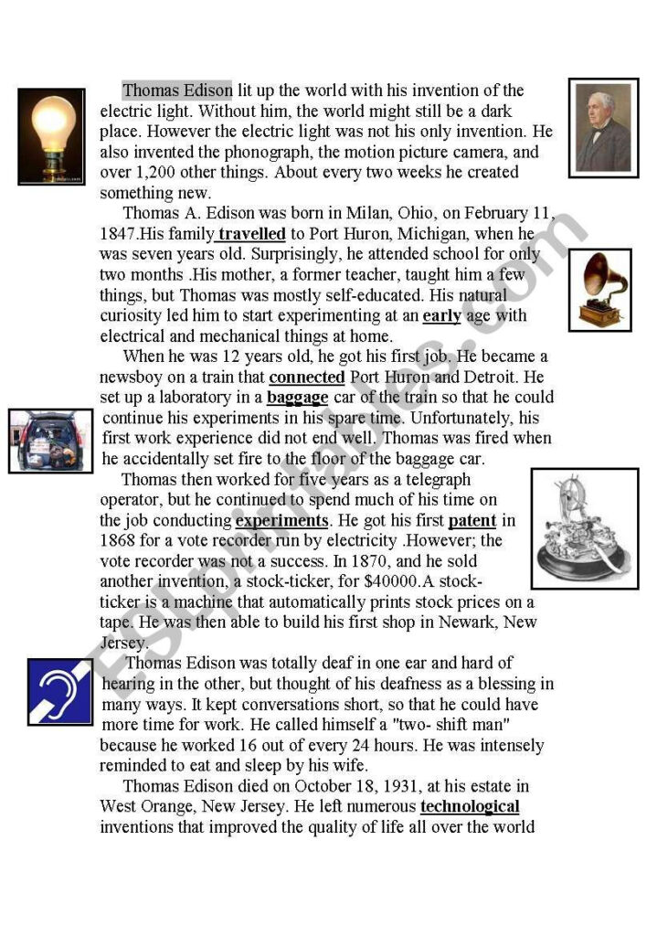 Thomas Edison Printable Worksheets | Peggy Worksheets